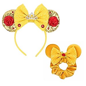 zhezesmila Beauty Mouse Ears Headband Classic Mouse Head band & Belle Ears Mouse Ears Scrunchies Rose Bow for Women, Girls, Princess Dress Accessories, Party,Cosplay Costume for Adults