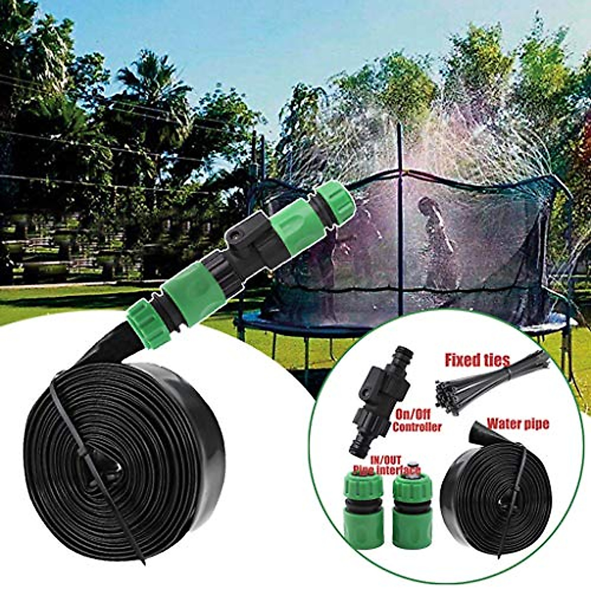 Juesi Misting Cooling System- Outdoor Patio Trampoline Sprinkler Hose Kit for Kids, Waterpark Watering Automatic Distribution System Attachment for Summer Water Fun Yard Garden (32.8FT)