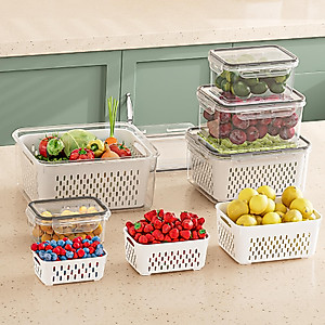 KEMETHY 5 Pack Fruit Storage Containers for Fridge with Removable Colanders - Food Storage Containers with Lids, BPA-Free Produce Containers Keep Fruits, Vegetables, Berry, Meat Fresh Longer