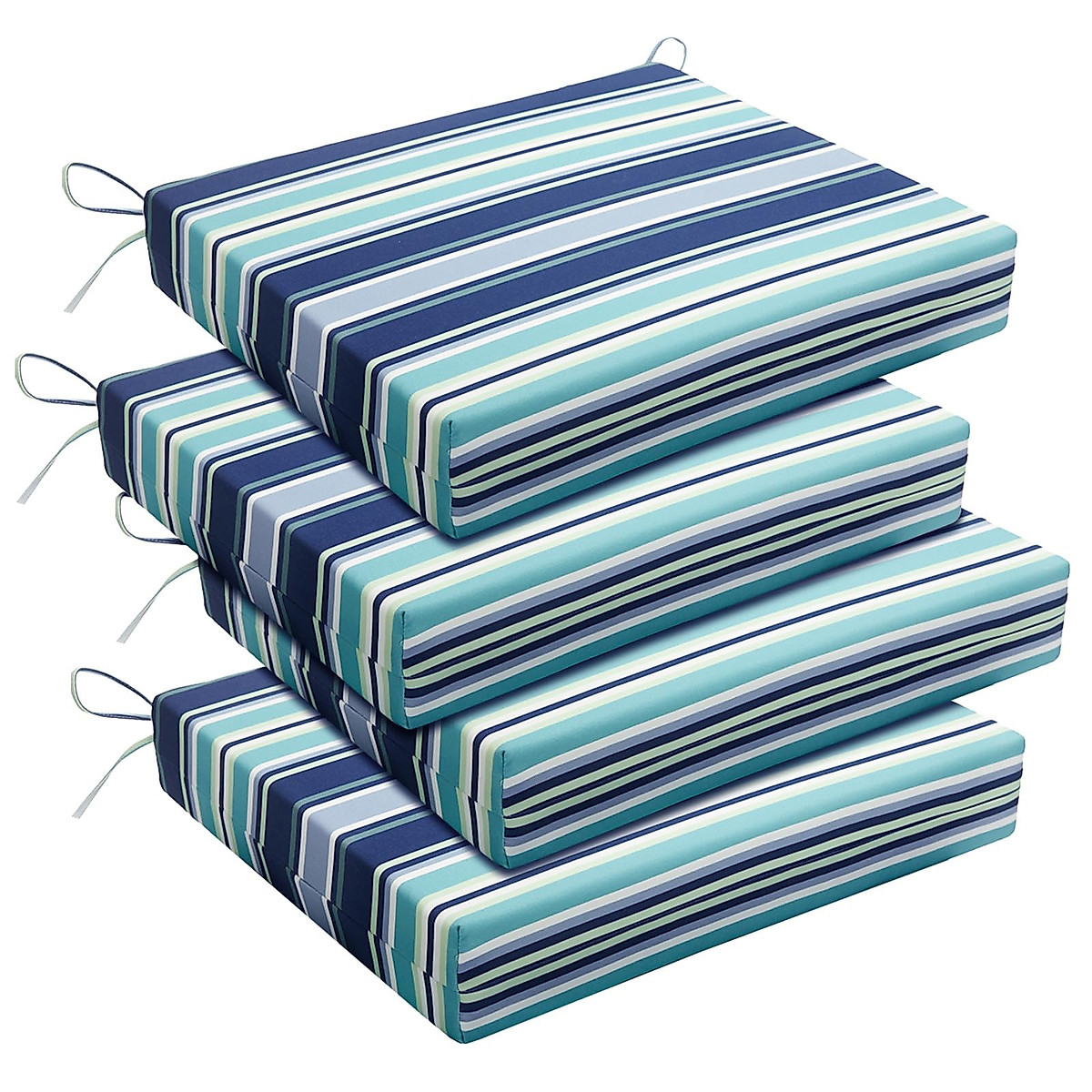 Basic Beyond Outdoor Chair Cushions for Patio Furniture, Waterproof Outdoor Cushions, Square Corner Patio Chair Cushions Set of 4 with Ties, 18.5"x16"x3", Pinstriped Blue