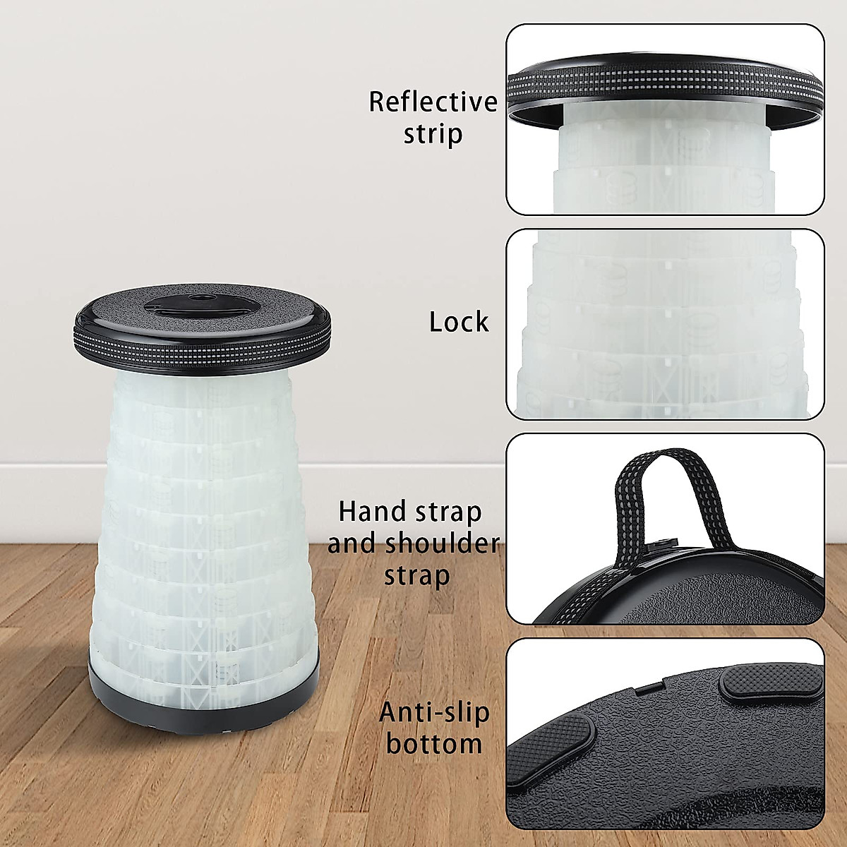 Cocotik Upgraded Folding Stools Portable with Light for Camping Retractable Plastic Chair Lightweight Collapsible for Adults Fishing Garden Outdoors Indoors (Black)