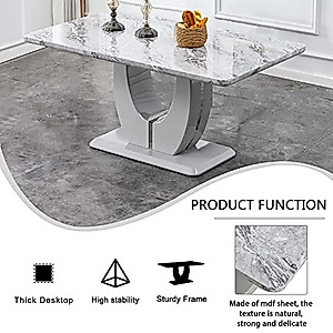 Pvillez Dining Table, Marble Texture Dining Table, Dining Room Kitchen Table, Modern Rectangle Dining Tables Set with Stone Top, White Dinner Office Computer Table for 4-6