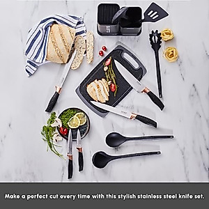 Karaca Gusto Knife and Chopping Board Set, 12 Pcs, Stainless Steel 5 Knives with Black Handles and 5 Pcs Kitchen Utensils with Special Stand including Cutting Board