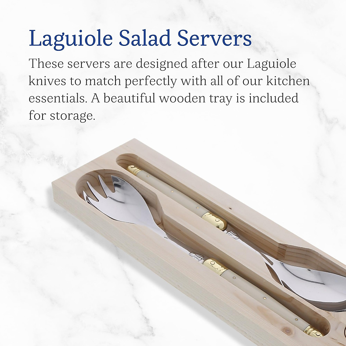 Jean Dubost Salad Servers, Ivory Handles - Rust-Resistant Stainless Steel - Includes Wooden Tray - Made in France