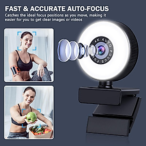 Cnkaite 4K Webcam, HD Autofocus Webcam with Microphone, Adjustable Light Computer Camera with Privacy Cover and Tripod Stand, Plug and Play USB Webcam for Laptop Desktop Video Calling