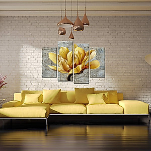 Biuteawal - 4 Panel Floral Wall Art Elegant Yellow Flower on Abstract Background Painting Canvas Print Still Life Artwork for Modern Home Kitchen Living Room Bedroom Wall Decoration Easy Hanging