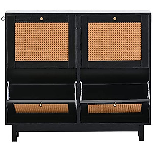Merax Rattan Free Standing Shoe Rack with 4 Flip Drawers, Modern 2-Tier Storage Cabinet with Large Space for Entrance Hallway, Boho Style, Black