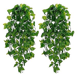 BLEUM CADE Fake Hanging Plants, 2pcs Artificial Hanging Plant, Faux Pothos Vines Hanging Plant Greenery for Wall Home Living Room Indoor Outdoor Decor (No Baskets)