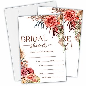 25 Bridal Shower Invitation Cards With Envelopes - Watercolor Boho Floral - Double-Sided Fill In Style Invites For Newlyweds, Wedding & Bridal Shower Celebration, Party Favor & Decorations - B19