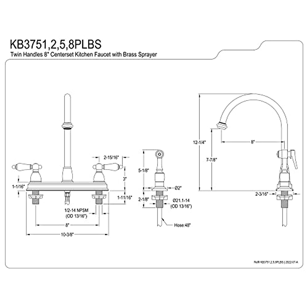 Kingston Brass KB3755PLBS Deck Mount Center Kitchen Faucet Porcelain Handle with Brass Sprayer, 8-1/2", Oil Rubbed Bronze