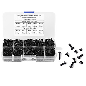 720PCS M3 Hex Bolt Screw Assorted M3x4mm 6mm 8mm 10mm 12mm Black Alloy Steel Pan & Flat Head Hex Socket Screws with Plastic Box