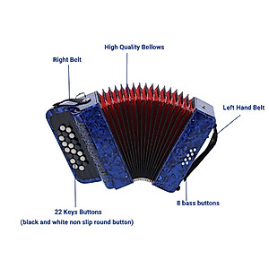 22 Key Diatonic Accordion 8 Bass Professional Button Accordion Instrument for Beginner with Storage Bag(Blue)
