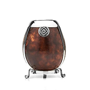 BALIBETOV [New Handmade Yerba Mate Gourd Set - German Silver Trim and Base - [Mate Cup] with Bombilla [Yerba Mate Straw] (Dark Brown)