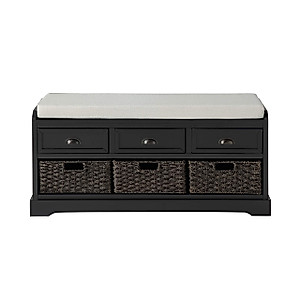 SOFTSEA Wood Storage Bench with Cushion, 3 Drawers and 3 Rattan Baskets for Entryway, Hallway, Living Room (Black)