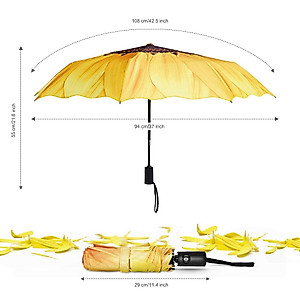 YumSur Automatic Umbrellas - Windproof Lightweight Travel Compact Folding Umbrella Sunflower Design, Reinforced Canopy, Auto Open/Close, for Business and Travels or Summer Wedding Gifts