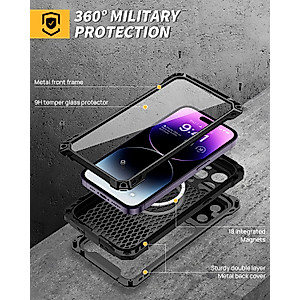 Lanhiem Magnetic for iPhone 14 Pro Max Metal Case, [Built-in Camera Kickstand & Glass Screen Protector] Heavy Duty Full Body Rugged Protective Military Magsafe Cover for iPhone 14 Pro Max 6.7" (Black)