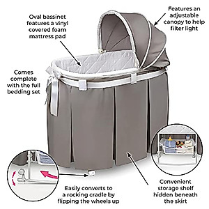 Wishes Oval Rocking Baby Bassinet with Bedding, Storage, and Pad