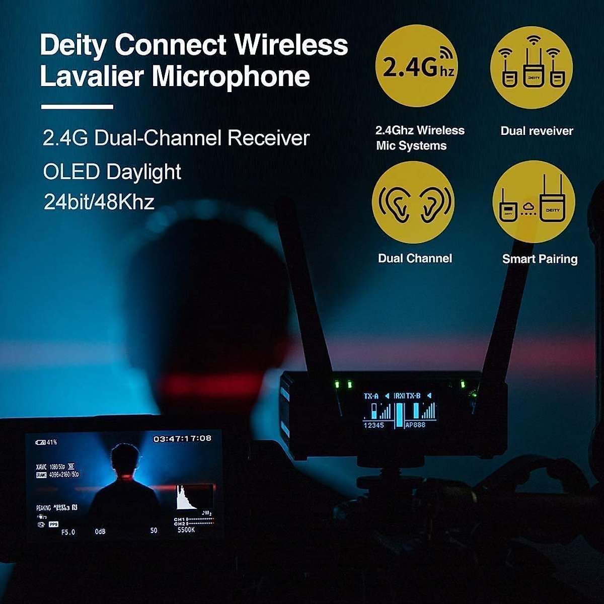 Deity Connect 2.4G Wireless Lavalier Microphone, Dual-Channel Receiver & Two Transmitters, OLED Daylight Display Screen, 24bit/48Khz Uncompressed Audio
