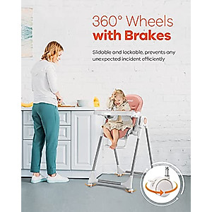 HEAO Adjustable 7 Height 5 Reclining Angle Foldable Baby High Chair with 360 Degree Rotating Wheels, 3 Footrest Positions, and Removable Tray, Pink