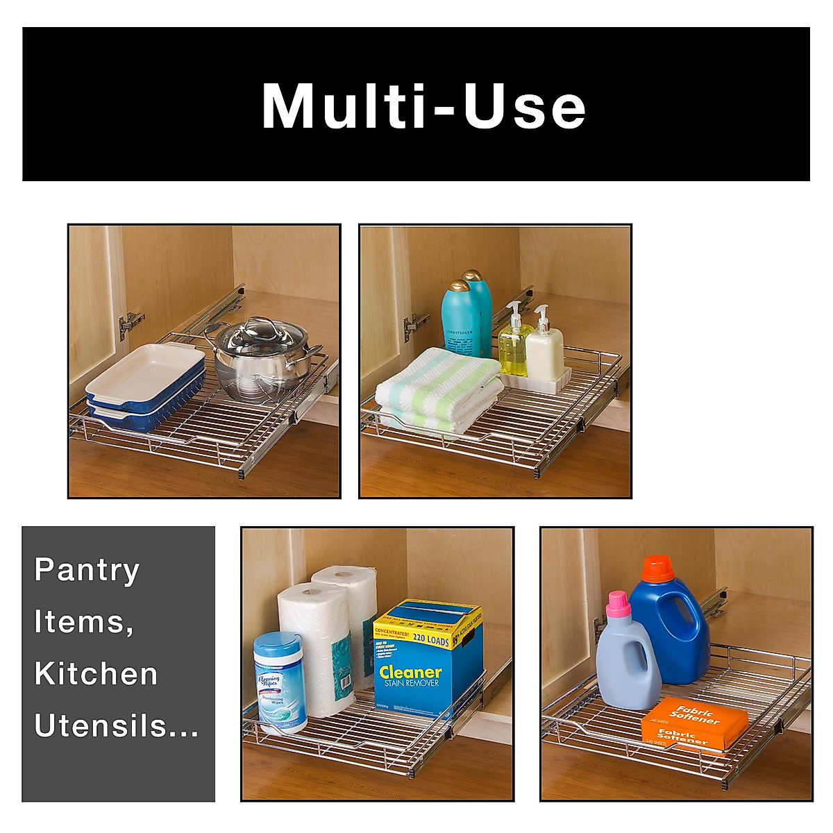 Smart Design Pull Out Cabinet Shelf - Medium - Smooth Roll Extendable Sliding Drawer - Holds 100 lbs - Steel Metal Wire - Sink Tray, Kitchen Organizer Basket, Pantry Spice Rack - 14.5 Inch x 18-35 - Chrome