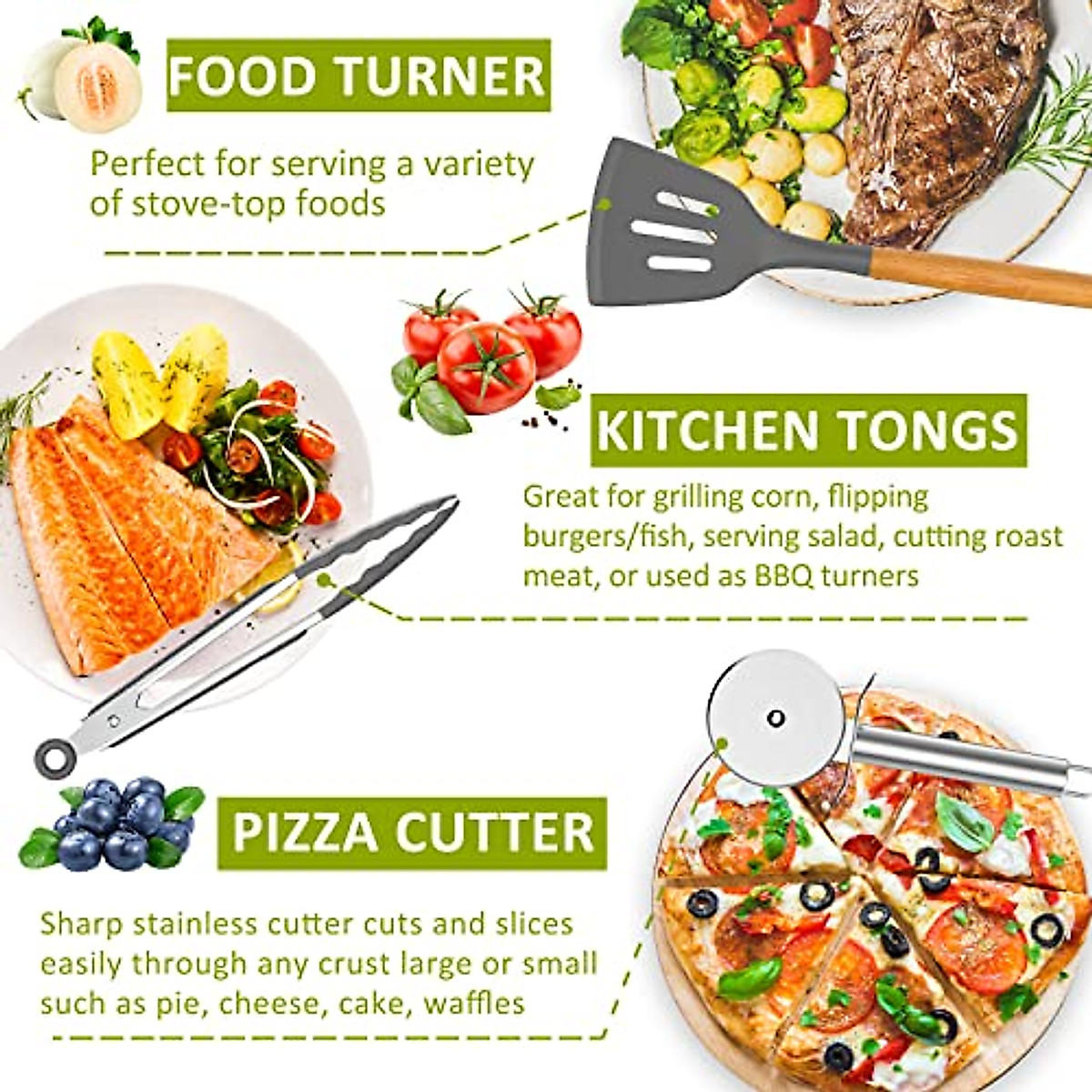 Silicone Cooking Utensil Set, 35 Pcs Kitchen Utensils Cooking Utensils Set by Fungun, Non-stick Heat Resistant Kitchen Gadgets Cookware with Natural Wooden Handle -(Gray)