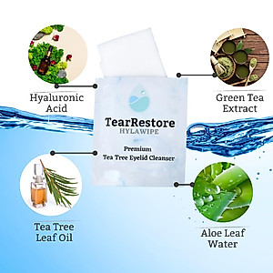 TearRestore Tea Tree HylaWipe Eyelid Wipes - 30 Count | Naturally Hydrating Cleanser | Blepharitis Treatment for Eyelids | Hypoallergenic Eye Wipes for Dry, Red, Itchy, Swollen and Irritated Eyes