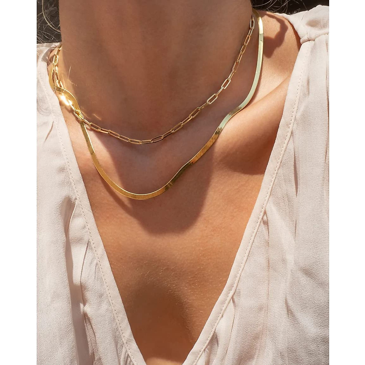 Gold Necklace for Women Layered Choker Necklace 14K Gold Jewelry for Women Dainty Layering Paperclip Snake Chain Necklace Gifts for Women Teens