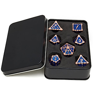 Ouyide Metal dice, DND dice Set, Dragon Skin Scale Iron Chain, Suitable for Role-Playing Dungeons and Dragons dice Set Game（Rose Gold Rim + Blue）