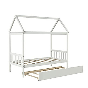 HAUSHECK Toddlers Montessori Bed with Trundle, Twin Size Montessori Bed Frame with Headboard & Footboard, House Bed Fun Playhouse for Kids Boys & Grils, No Box Spring Needed, Wooden Slatted Support