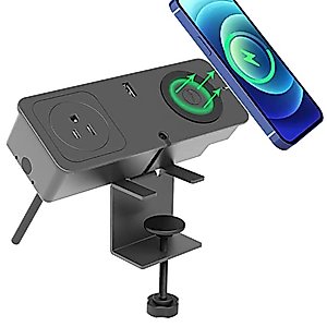 Desk Clamp Power Strip USB C, Desk Mount Power Strip with AC Outlet/2 USB Ports/15W Wireless Charger Station, Desktop Surge Protector PD 20W USB C Fast Charging, Fit 2.16" Tabletop Edge