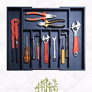 ENES-MM Bamboo Silverware Drawer Organizer Kitchen - Expandable Wood Utensil, Adjustable Cutlery Tray, Flatware Storage, Removable Knife Block and Dividers, Extra Gift Set Silicone Cooking Utensil