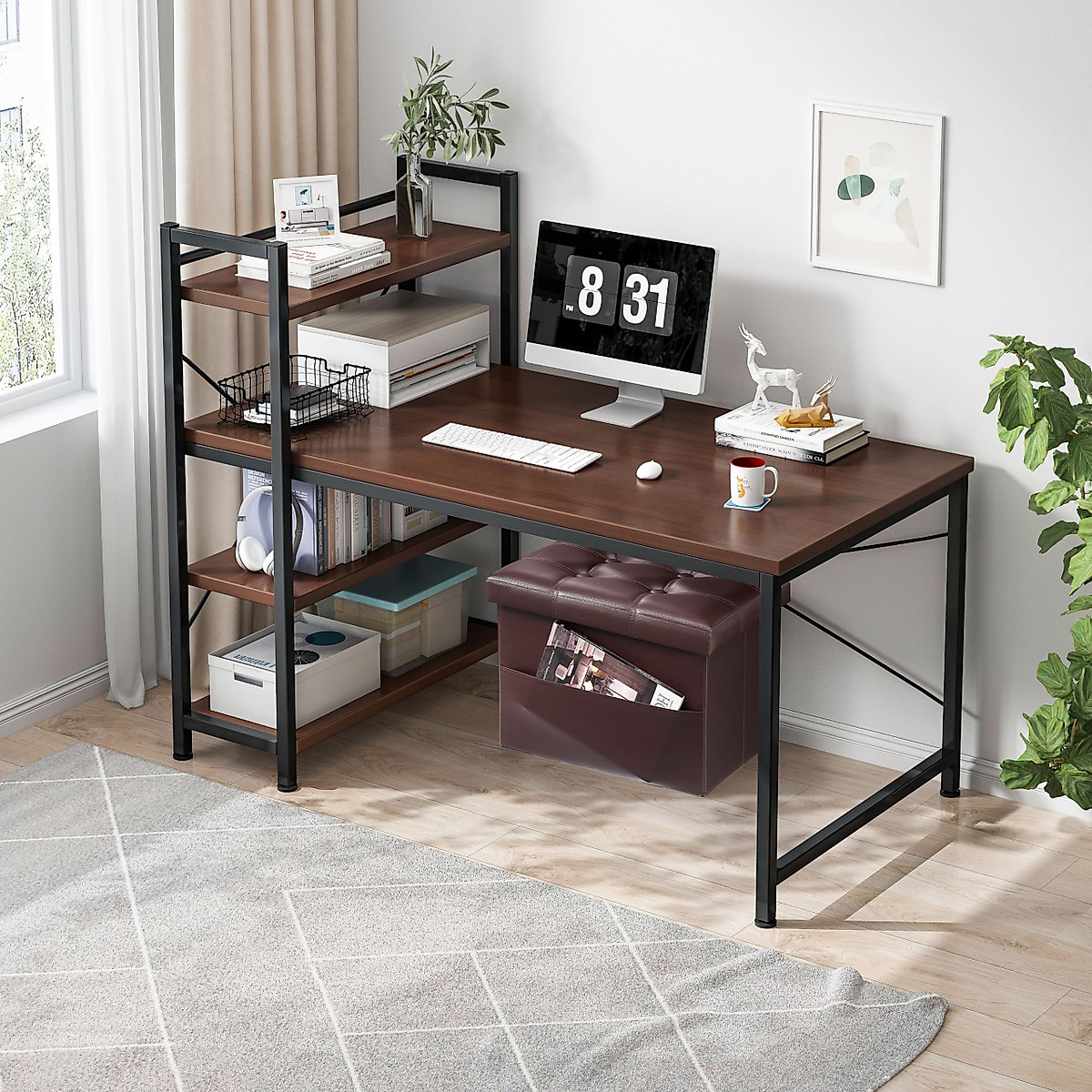 FujDun 2PC Folding Storage Ottoman with Side Pocket,16 inch Leather Ottoman Seat for Living Room Bedroom,Foot Rest Footstool,16X12X12in Brown (2PC)