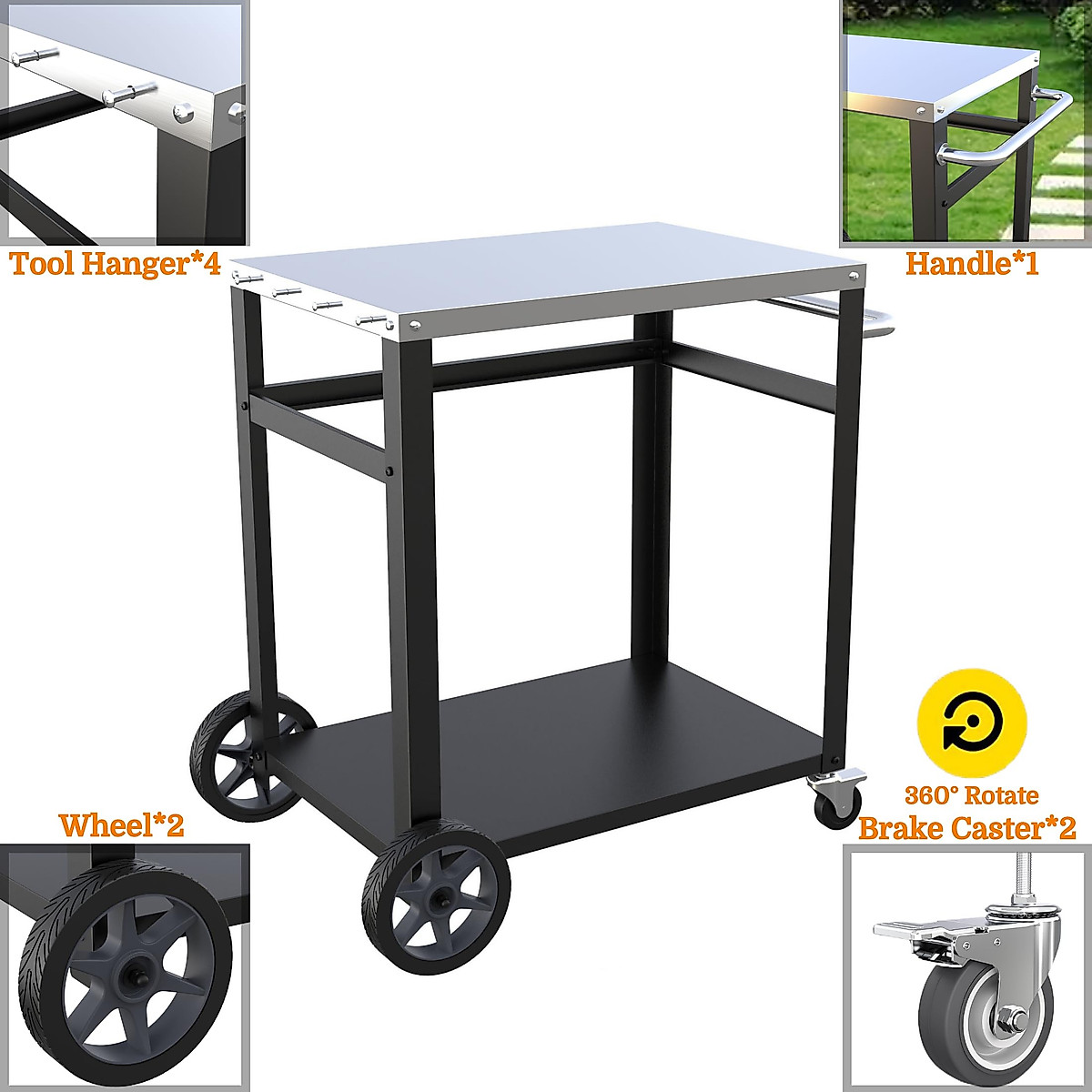 PARTAKER Movable Pizza Oven Trolley/BBQ Grill Cart with 2 Swivel Casters 2 Wheels, Double-Shelf Dining Serving Cart Table, Kitchen Pre-Station Island Countertop Work Bar, L 28-3/4" by W 19-1/2"