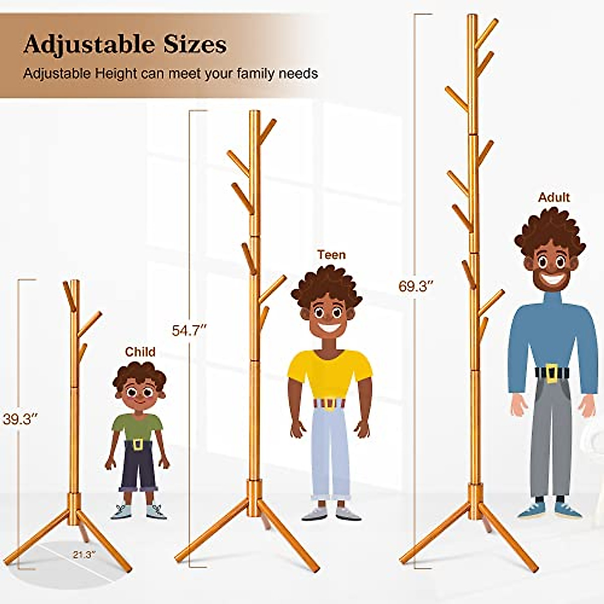 NicQliear Wooden Freestanding Coat Rack with 9 Hooks, Adjustable Coat Rack Stand to Hang Clothes/Bags/Hats, Standing Coat Tree Perfect for Bedroom/Entryway/Hallway