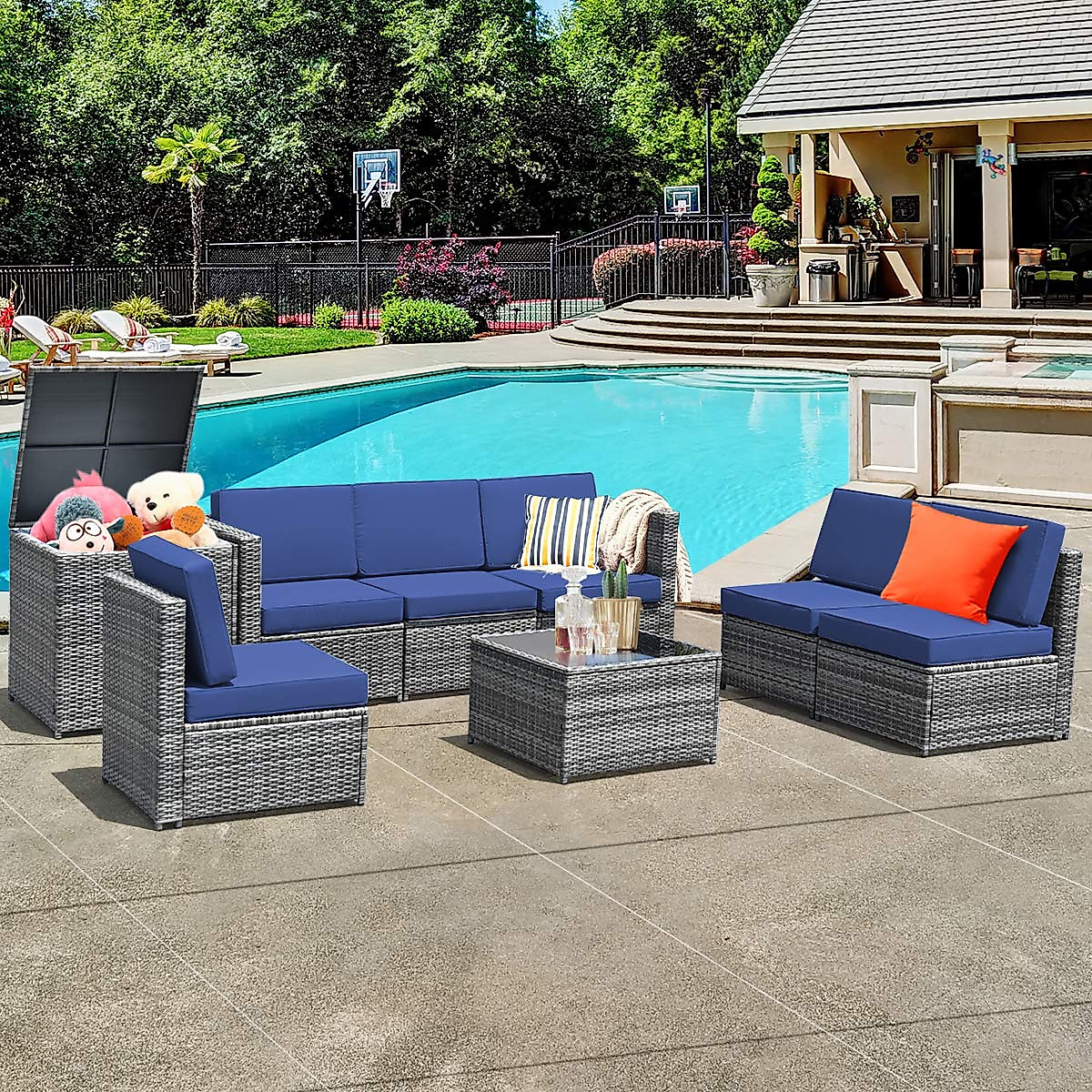 Tangkula 8 PCS Outdoor Patio Furniture Set, Rattan Wicker Sofa Set, Sectional Sofa Couch Conversation Set w/Storage Table and 12 Zippered Cushions for Garden Backyard Poolside (Navy)