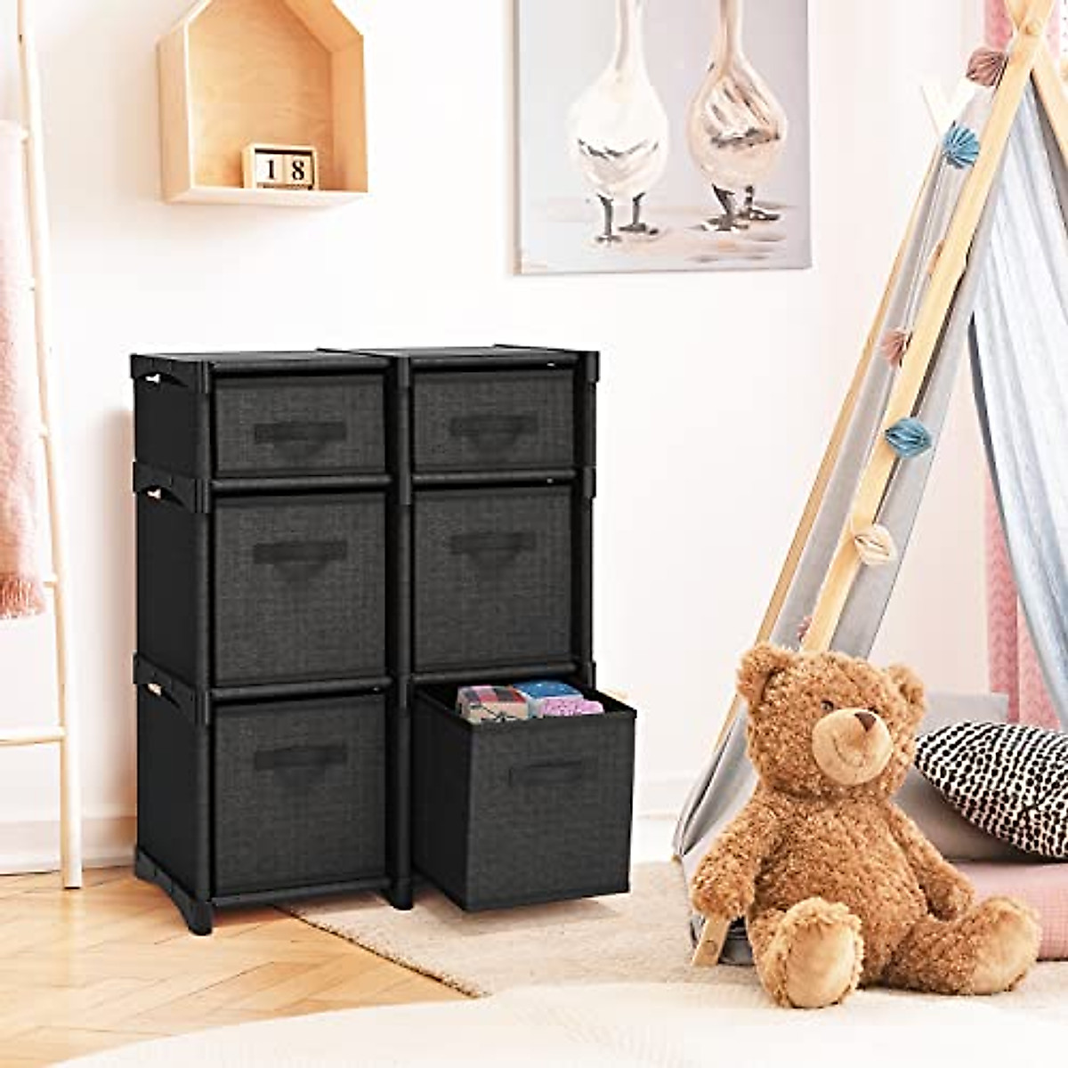 6 Cube Storage Organizer, Black Storage Cubes Organizer Shelves, Sturdy Cubbies Storage Shelves with Cube Storage Organizer Bins, DIY Cube Shelf Organizer for Bedroom, Playroom, Office, & Dorm