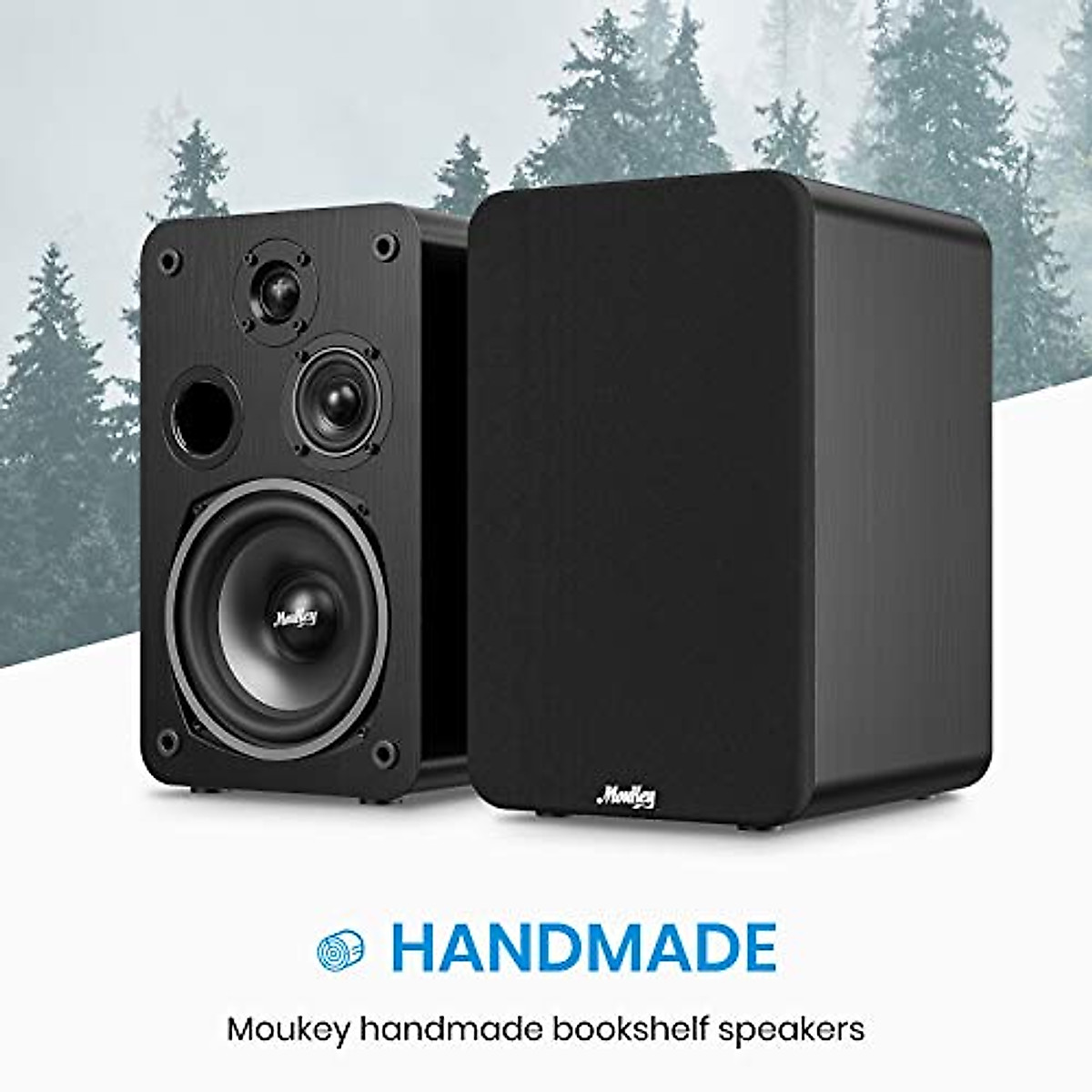 Moukey Passive Bookshelf Speakers (Pair), Peak Power 2×55W, 3-Way Home Theater Speakers, 2.0 Stereo Near Field Studio Premium Sound, Wooden Wall-Mountable, Black, M20-3