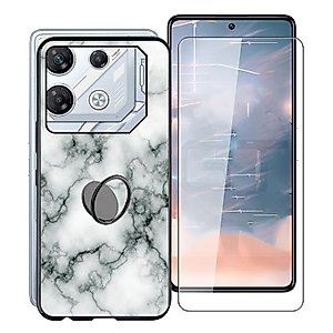 KJYFOANI for Infinix GT 10 Pro Case, [ 1 x Tempered Glass Protective Film], Shockproof Soft Cover, with [360° Rotation Ring Kickstand] Case for Infinix GT 10 Pro (6.67") - Marble