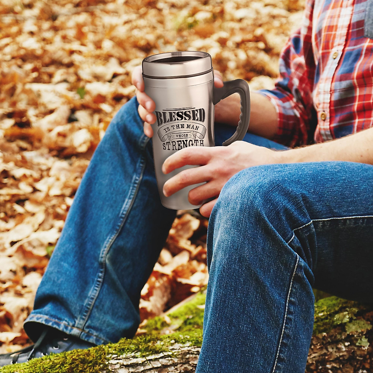 Christian Art Gifts Blessed Is The Man Psalm 84:5 Stainless Steel Travel Mug with Lid and Handle (16 Oz Double-Wall Vacuum Insulated Coffee Cup)