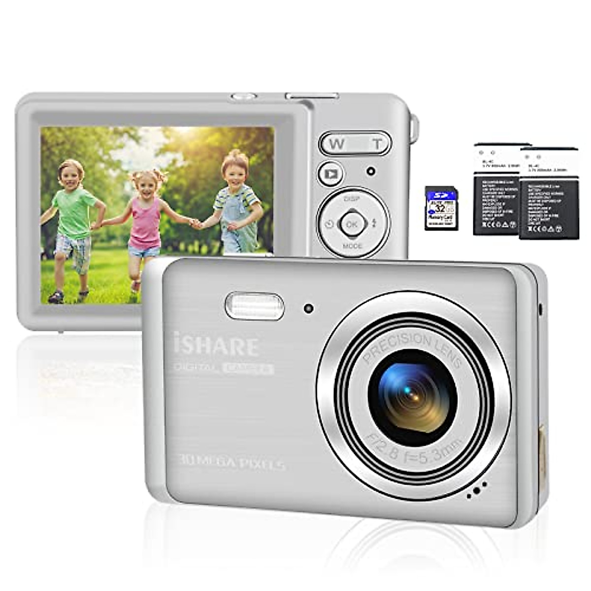 Digital Camera, Kids Vlogging Camera FHD 1080P 30MP Video Camera with 32GB SD Card, 18X Digital Zoom, 2 Batteries, 2.8" Screen Compact Portable Mini Cameras for Students Teens Adults Girls Boys-Silver