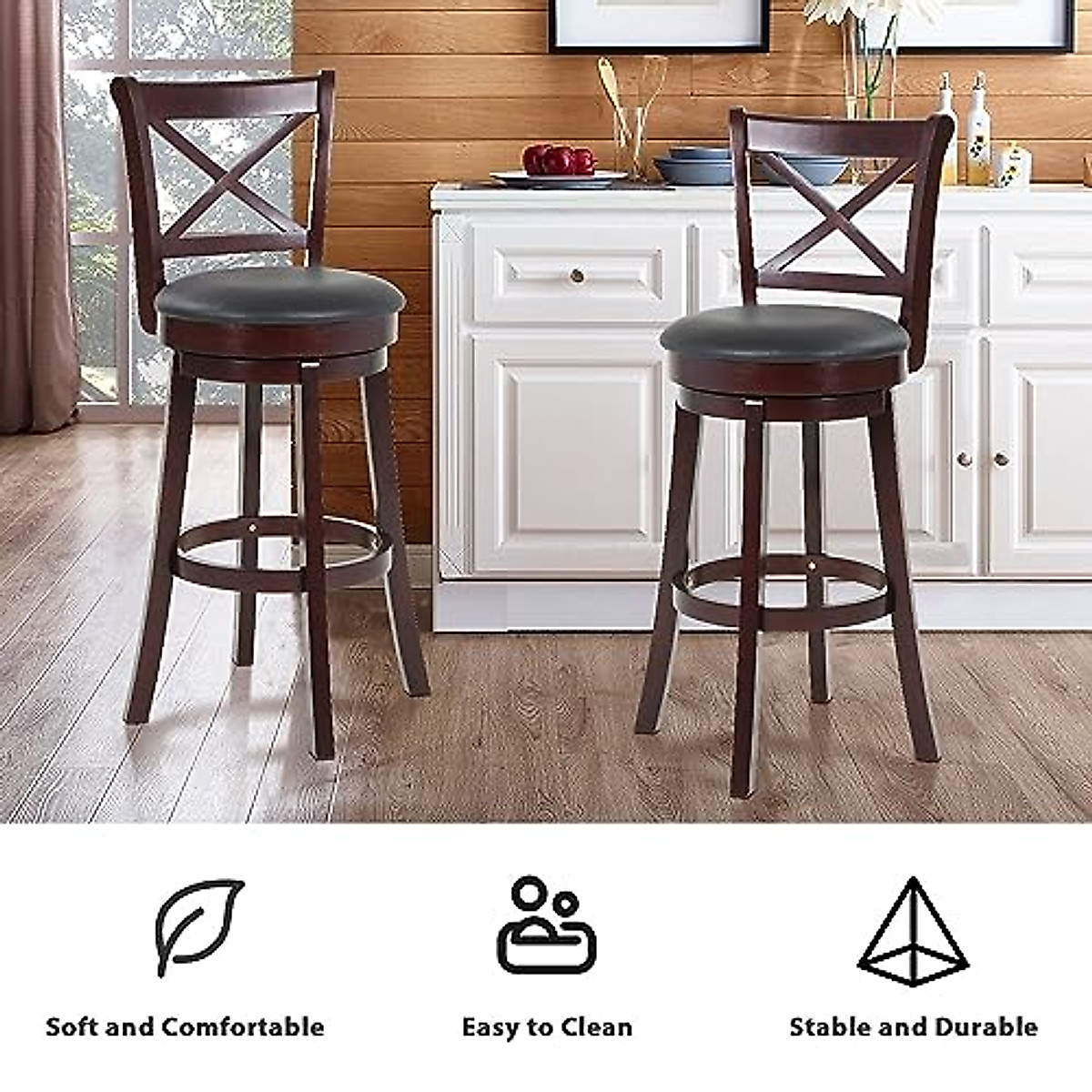 MKDLUFEI Set of 2 Counter Height Bar Stools, 43.9'' Heavy Duty Bar Stool with Armless Lower Back, Swivel Bar Stool with 360 Degree Rotation, Bar Stool with PU Leather for Dining Room and Living Room