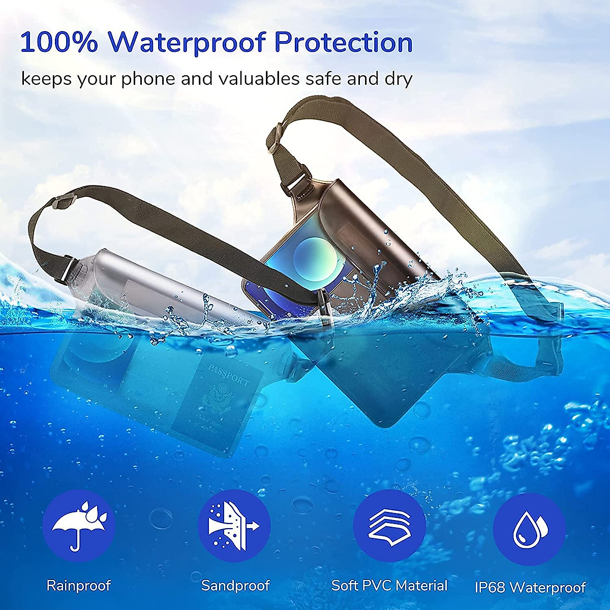 GLBSUNION IPX8 Waterproof Pouch Bag with Adjustable Waist Strap-Screen Touchable Dry Bag with Adjustable Belt for Phone Valuables for Beach Swimming Snorkeling Boating Fishing Kayaking (2 Pack)