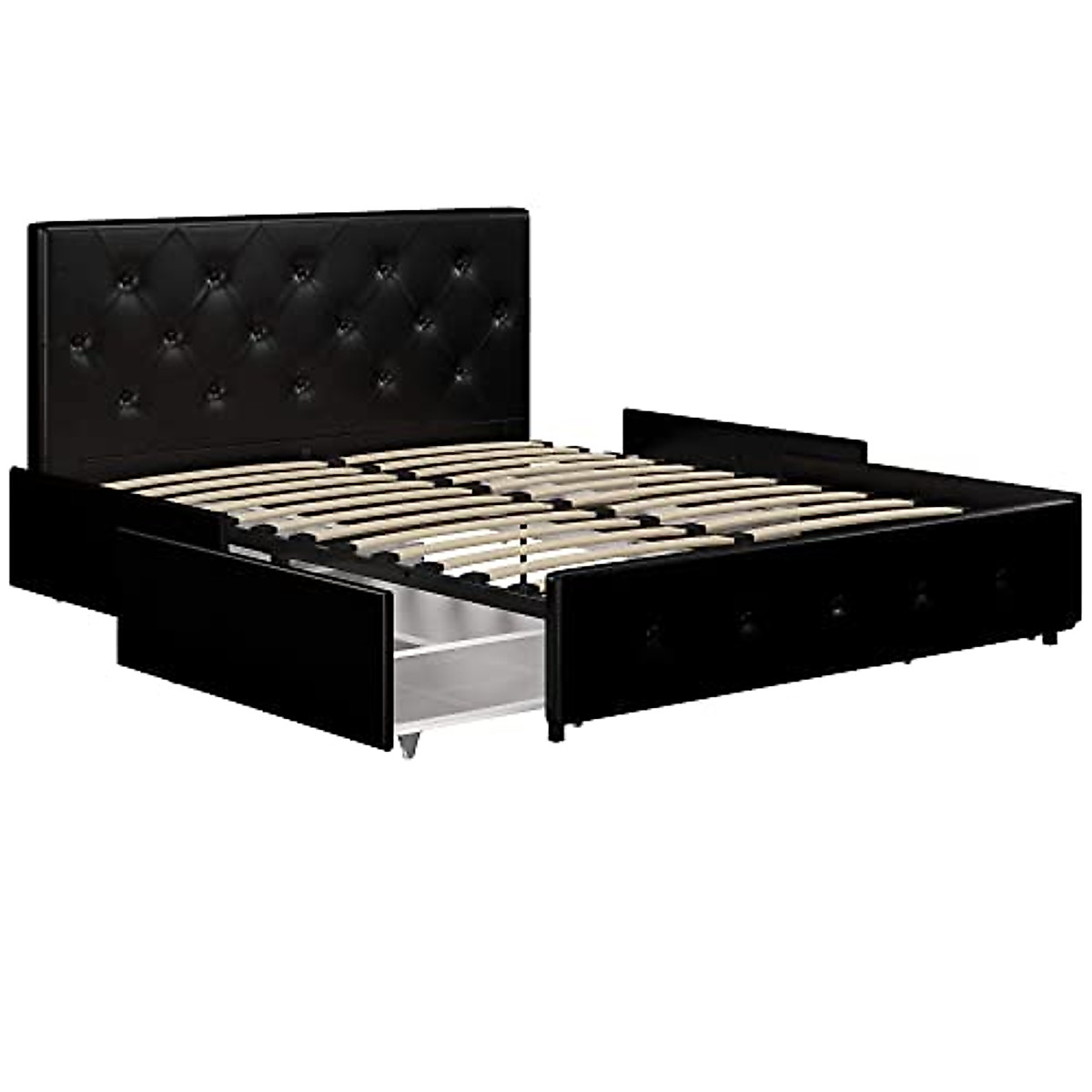 DHP Dakota Upholstered Platform Bed with Underbed Storage Drawers and Diamond Button Tufted Headboard and Footboard, No Box Spring Needed, Queen, Black Faux Leather