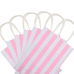 RNORRI Gift Bags 50Pcs 5.25x3.75x8 Inch Paper Bags Small Pink And White Bags Pink Party Bags Shopping Bags With Handles, Striped Bags For Baby Shower, Birthday, Business, Retail