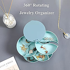 Jewelry Organizer Small Rotating Jewelry Storage Case, Mirror Jewelry Storage Box Earring Holder for Women, 4-layers Rotating Travel Jewelry Tray Case with Lid for Earrings Necklaces