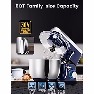 Stand Mixer, Petalirs 6 QT 660W 6-Speed Tilt-Head Food Mixer, Kitchen Electric Mixer with Dough Hook, Wire Whip & Beater