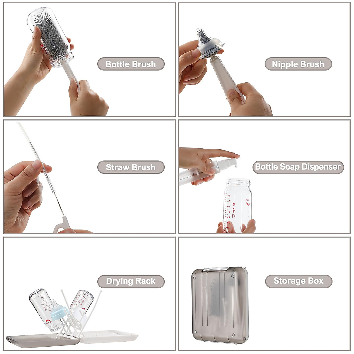 6 in 1 Bottle Cleaning Brush Set with Silicone Bottle Brush, Nipple Brush, Straw Brush, Soap Dispenser, Drying Rack for Baby Bottle and Water Bottle, Space Saving Baby Essentials for Home and Travel