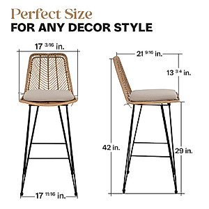IDZO Rattan Bar Stools Set of 2, 42-Inch Tall with 400lbs Weight Endurance, Featuring a Steel Frame and Comfort Cushions, ideally Crafted as bar stools for Kitchen Island setups