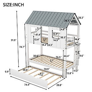House Bunk Beds Twin Over Twin with Trundle,Kids Bunk Beds with Roof and Windows, Wood Twin Bunk Beds for Girls, Boys,White