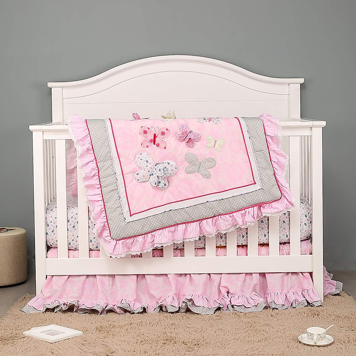 CribMATE 3 PCs Pink Embroidery Butterfly Nursery Crib Bedding Set Lace Trimmed Floral Butterfly Baby Girl Bedding Set Comforter Fitted Sheet Skirt Set